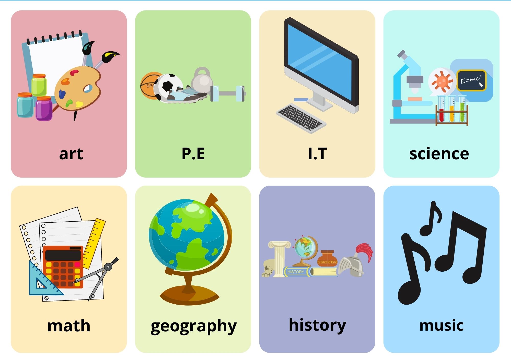 School Subjects Flashcards With Words ONLINE Ezpzlearn